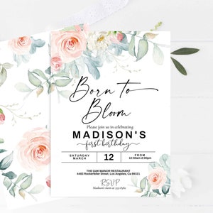 Born to Bloom 1st Birthday Invitation Blush Pink Watercolor Flowers ...