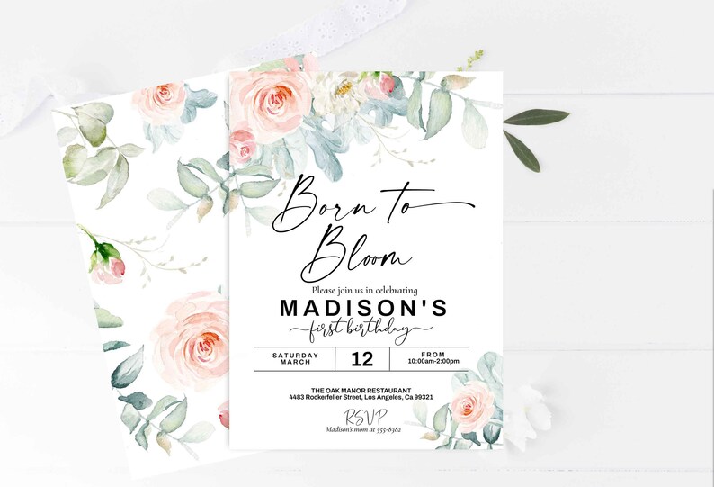 Born to Bloom 1st Birthday Invitation Blush Pink Watercolor - Etsy