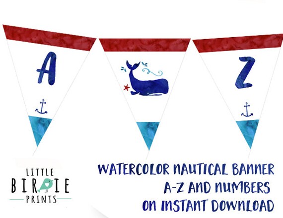 NAUTICAL WHALE Birthday Printable Banner Watercolor Anchor | Etsy