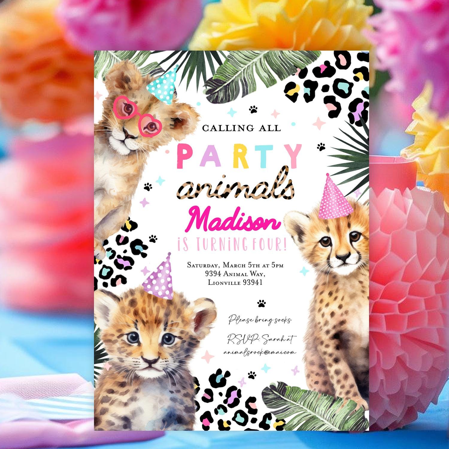 Editable Party Animals Birthday Invitation Big Cat Safari Animals ...