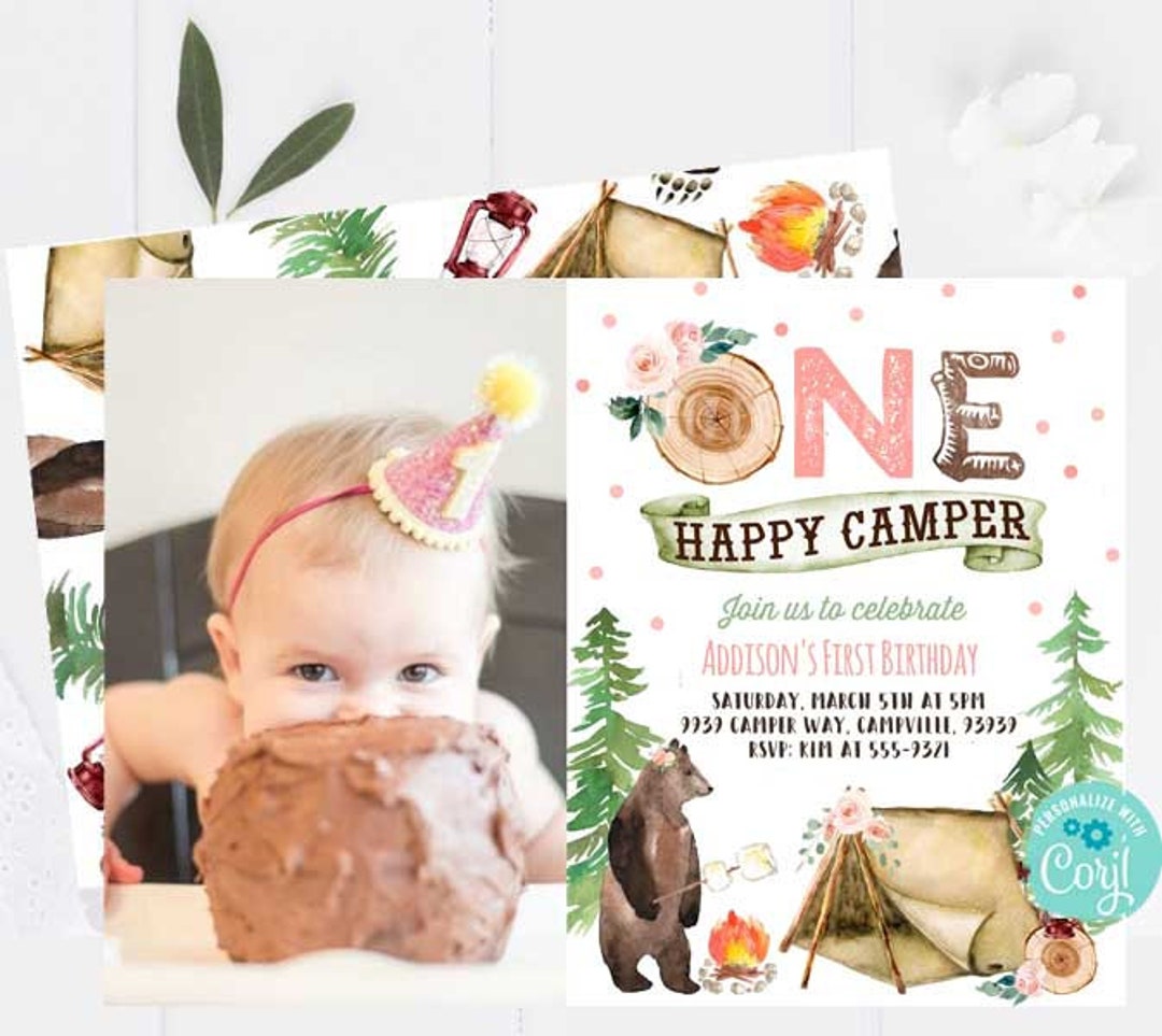 Girl ONE HAPPY CAMPER Invitation Pink One Happy Camper Camping Birthday Invitation Camper ...