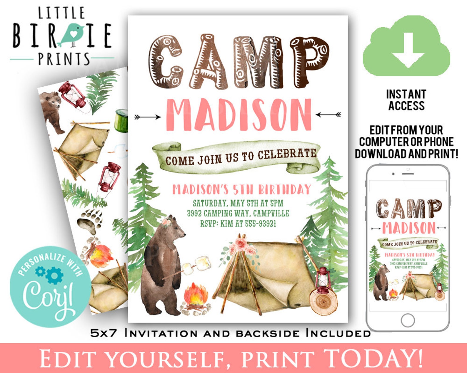 Camping Birthday Invitation Girl Camp Birthday Invitation | Etsy