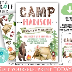 Camping Birthday Invitation Girl Camp Birthday Invitation Glamping ...