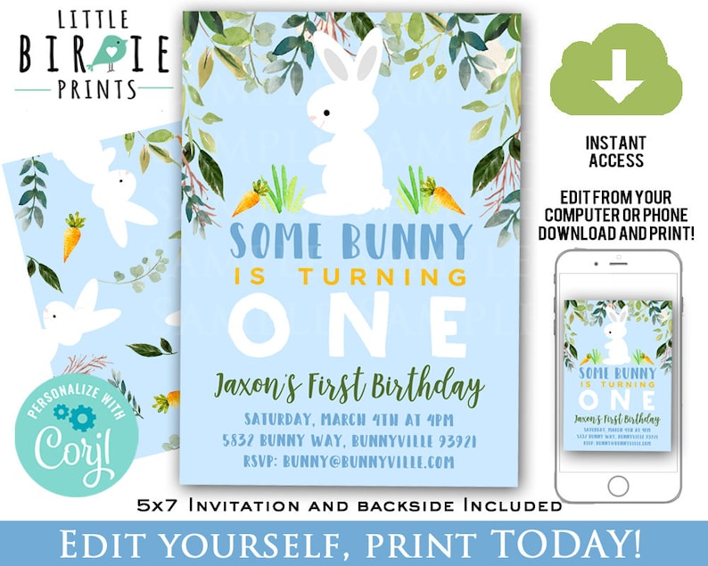 BOY SOME BUNNY is Turning One Invitation Blue Bunny First | Etsy