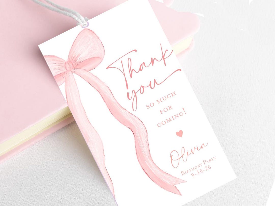Pink Bow Favor Tag, Pink Bow Birthday Party Girl Bow Baby Shower Party ...