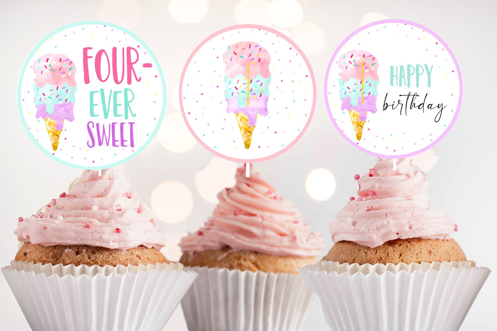 Four-ever Sweet Birthday Party Ice Cream Cupcake Toppers Favor - Etsy