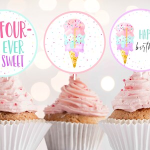 Four-ever Sweet Birthday Party Ice Cream Cupcake Toppers Favor - Etsy