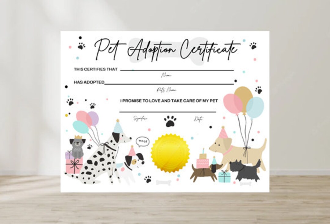 Puppy Adoption Certificate Puppy Dog Party Activity, GIRL Dog Party ...