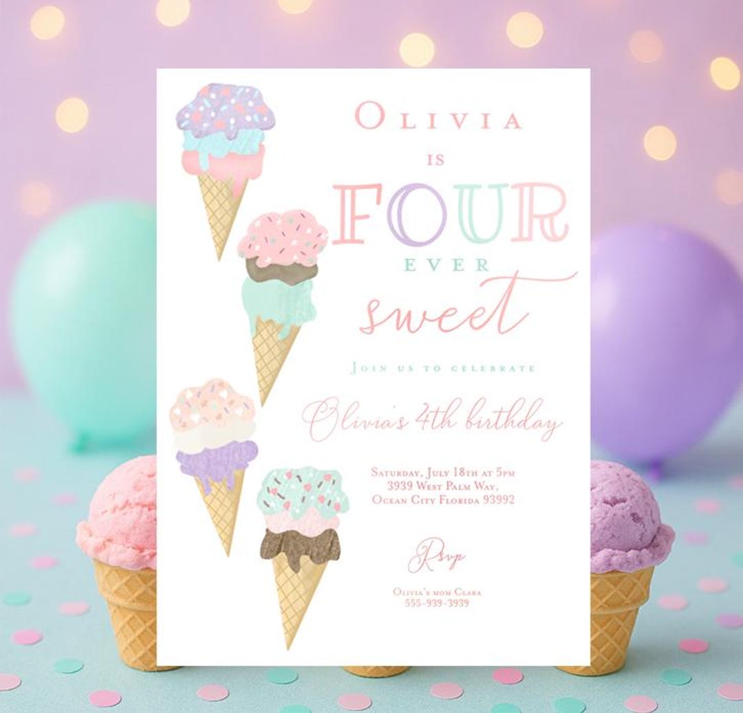 Four Ever Sweet Ice Cream Invitation, Ice Cream 4th Birthday Party ...