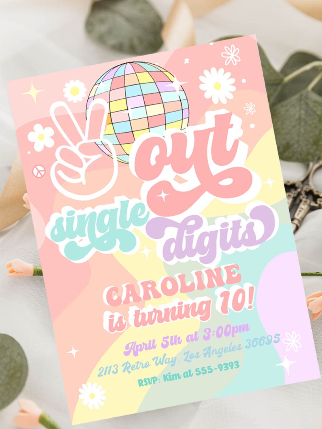 Editable Peace Out Single Digits Invitation Groovy 10th Birthday Party ...