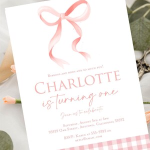 Pink Bow First Birthday Invitation, Coquette Pink Bow Birthday ...