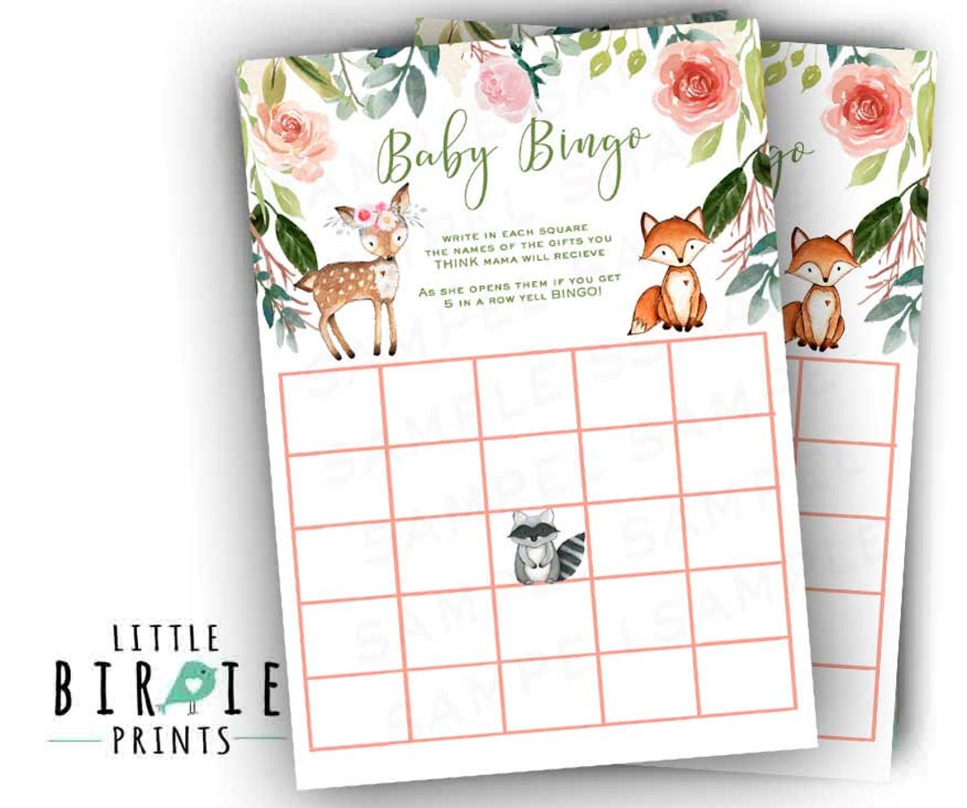 Girl Woodland Baby BINGO Game. Boho Woodland Baby Shower Game ...