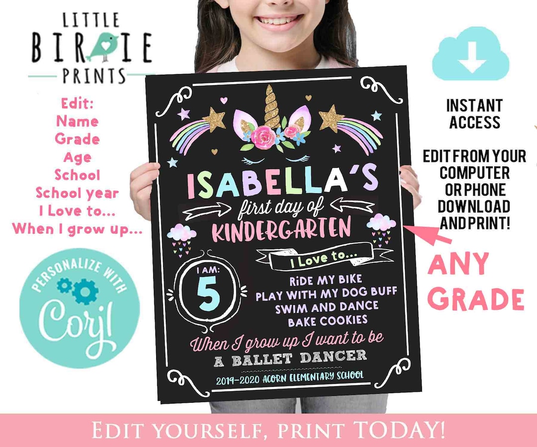 UNICORN First Day of School Sign First Day of Kindergarten Sign Unicorn ...