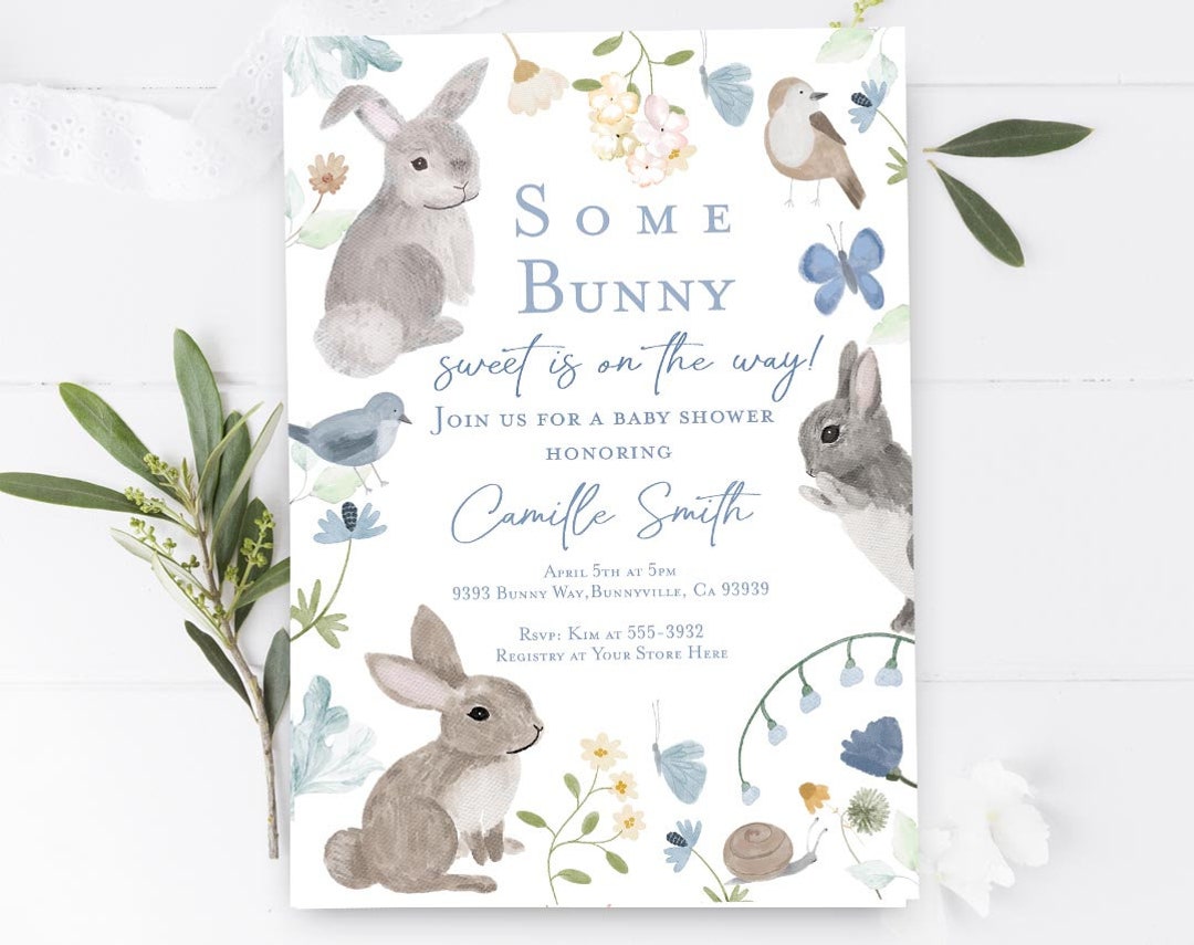Editable Boy Bunny Baby Shower Invitation Blue Rabbit Baby Shower ...