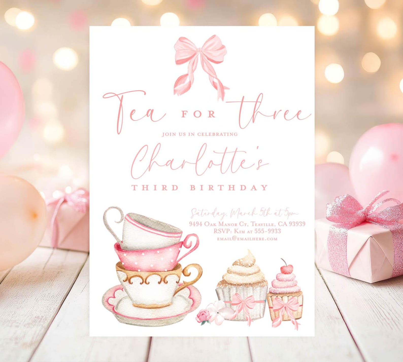 Tea for Three Birthday Party Invitation, Tea Party 3rd Birthday ...