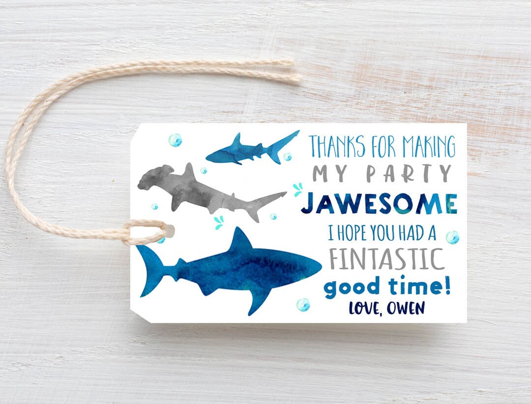 Shark Birthday Party Favor Tags, Editable Name, Shark Birthday Party ...