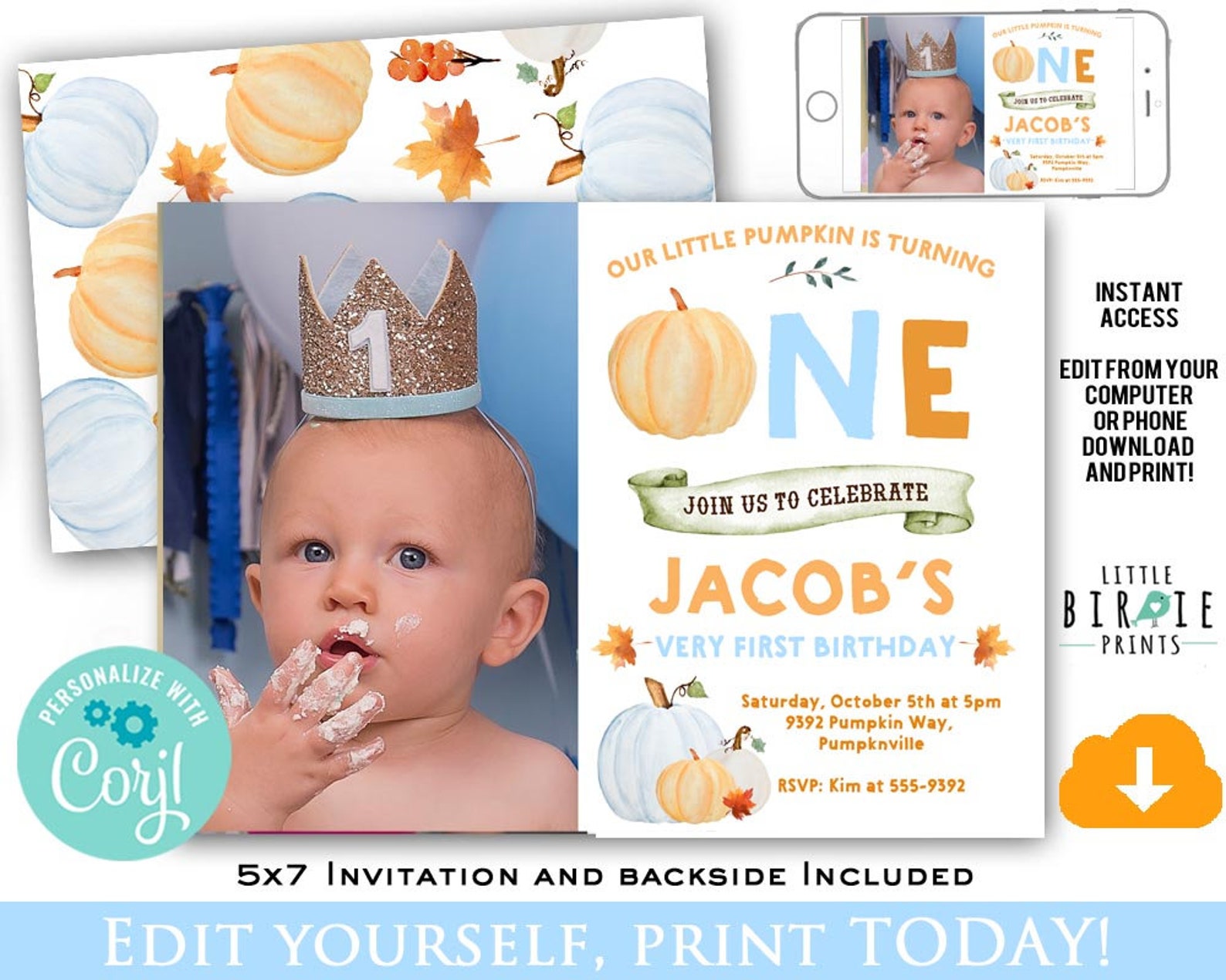 PUMPKIN First Birthday INVITATION Boy Little Pumpkin Birthday - Etsy
