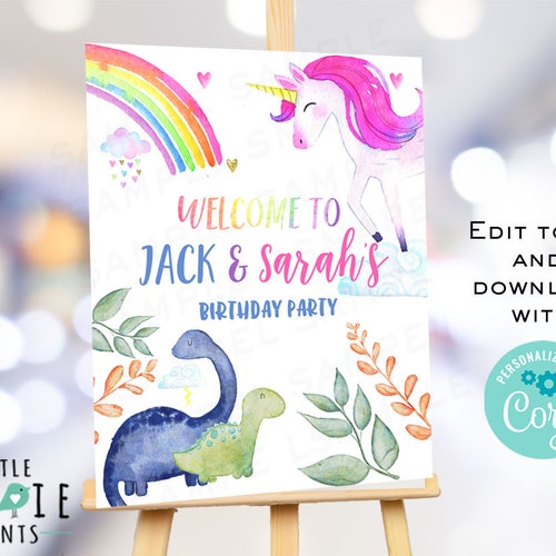 Unicorn and Dinosaur Birthday Party Welcome Sign Unicorns and | Etsy