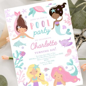 Editable Mermaid Pool Party Invitation, Summer Party Beach Invitation ...