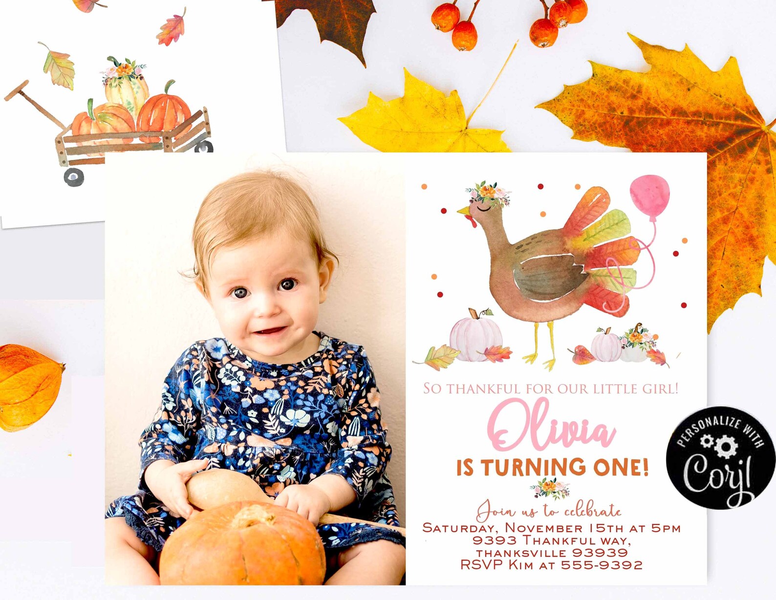 Girl Turkey Birthday Invitation Thanksgiving Turkey Birthday - Etsy