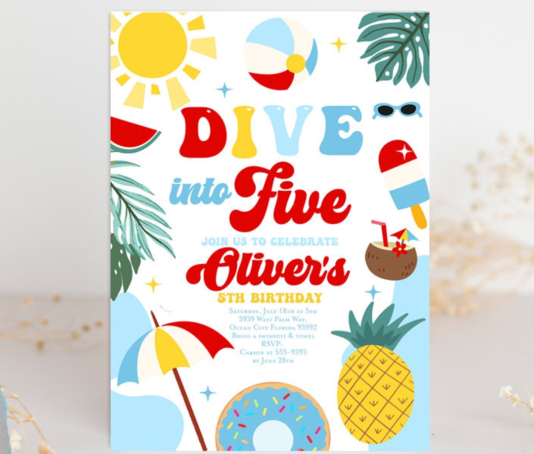 Dive Into Five Birthday Invitation, Summer 5th Birthday Pool Party Ice ...