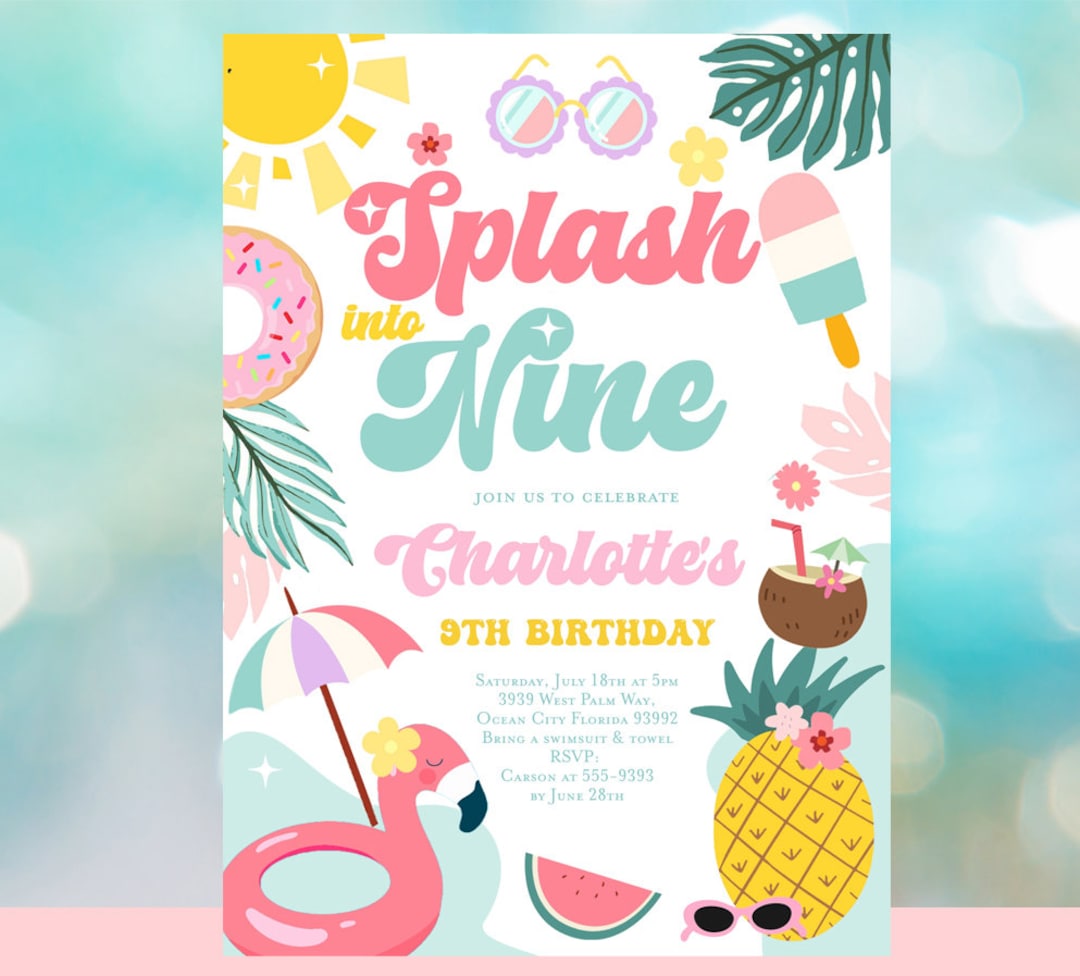 Pool Party 9th Birthday Invitation, Splish Splash Ninth Birthday ...