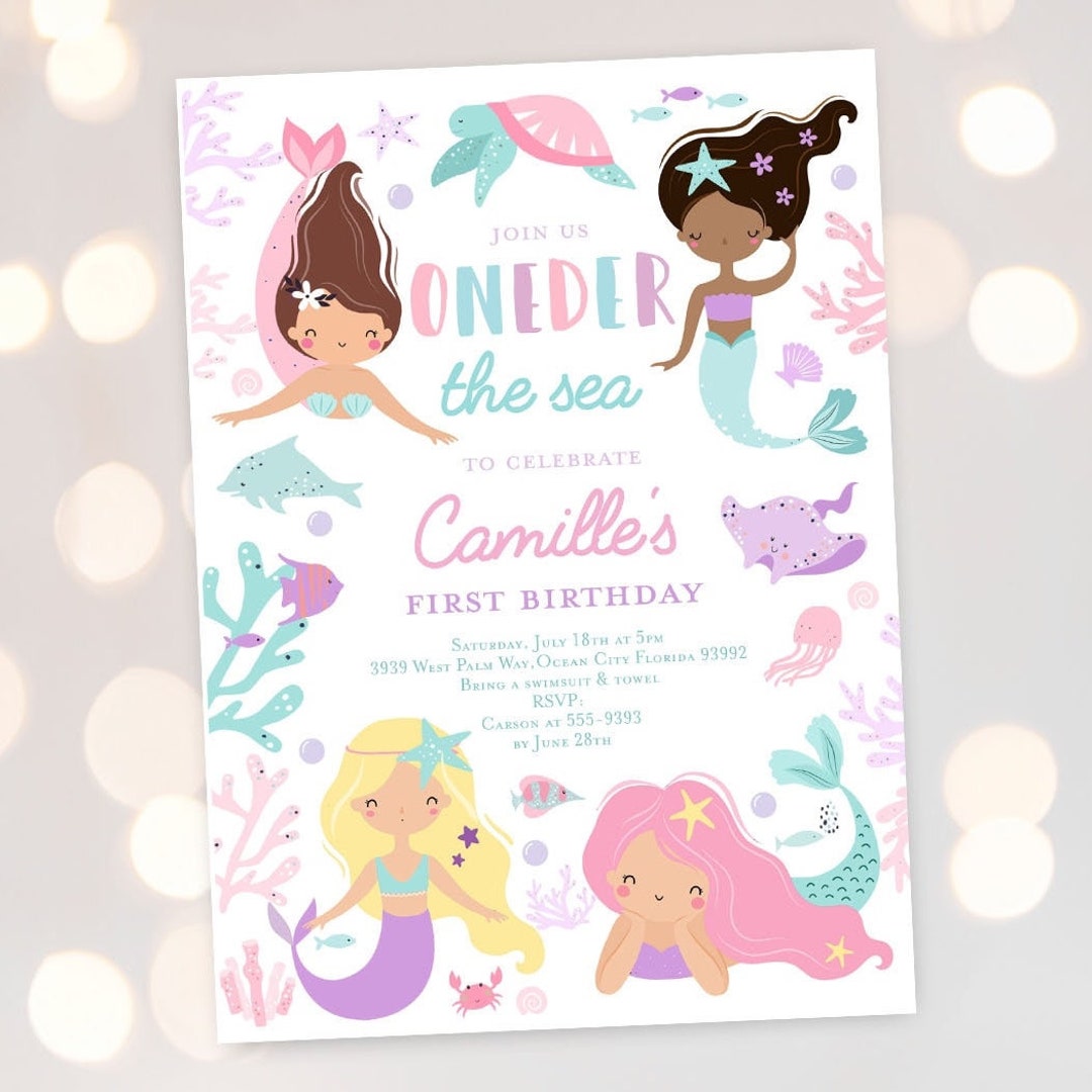 Mermaid Birthday Invitation Oneder the Sea Mermaid First Birthday ...