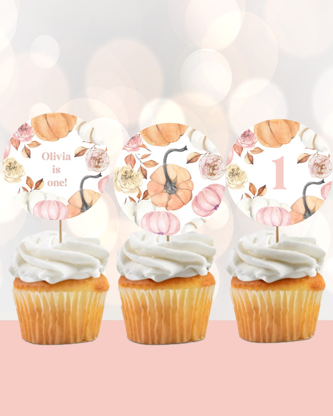 Our Little Pumpkin is Turning One Cupcake Toppers, Pink Cupcake Toppers ...