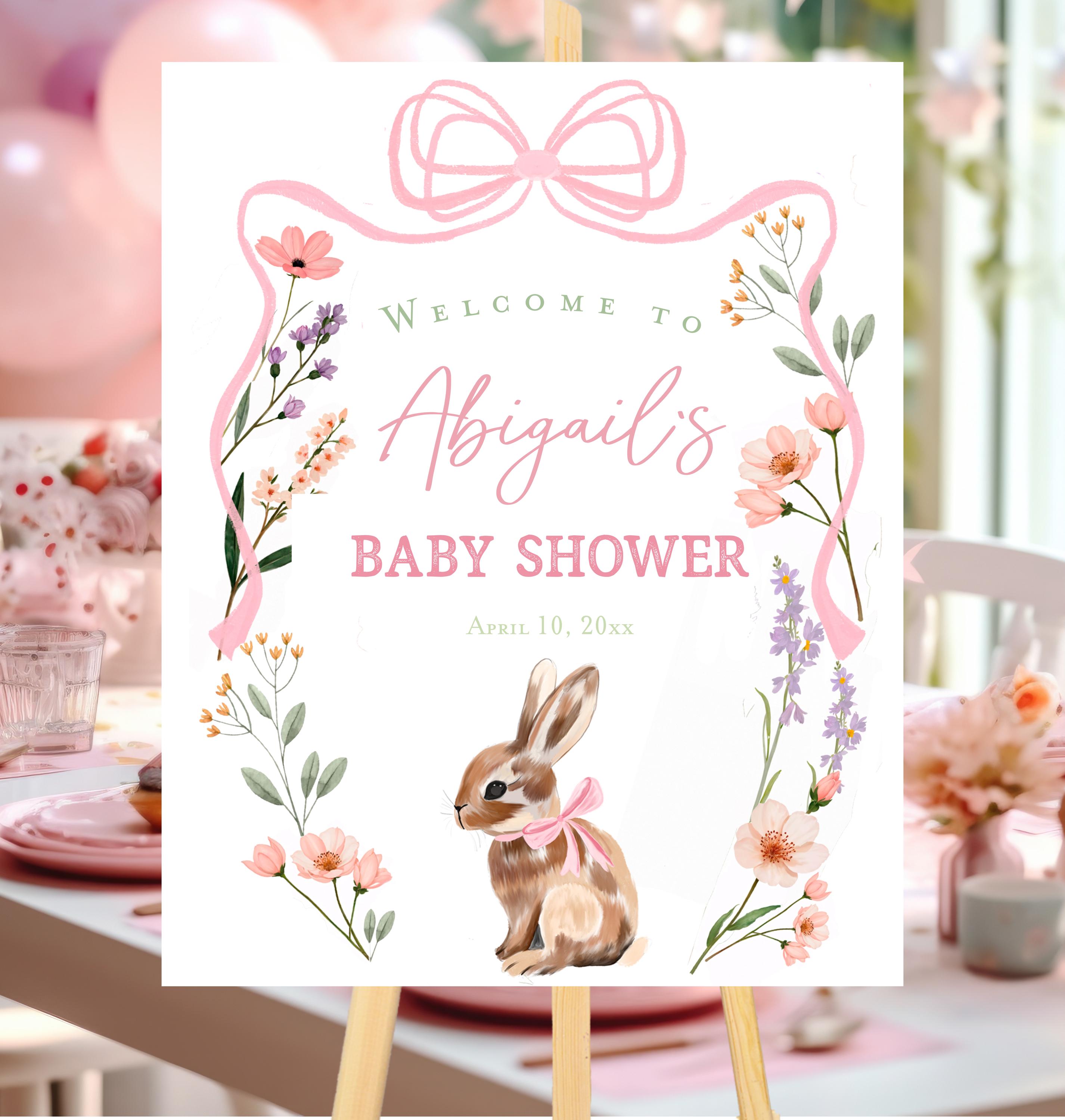 Girl Bunny Baby Shower Welcome Sign, Printable Pink Bunny Baby Shower ...