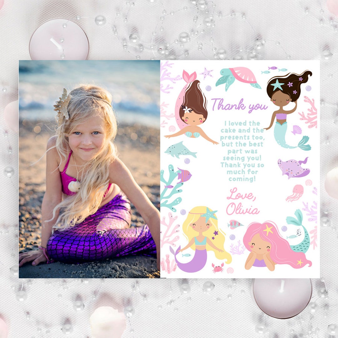 Mermaid Birthday Thank You Card, Oneder the Sea, in Two the Sea, Dive ...