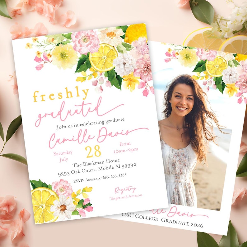 Freshly Graduated Graduation Party Invitation Lemon Citrus Pink Flowers ...