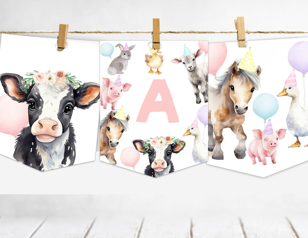 FARM Birthday Party Banner, Farm Bunting Banner, Girl Pink Farm Animals ...