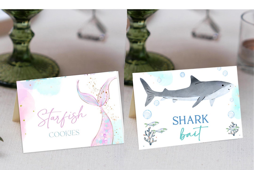 Mermaid Shark Birthday Party Buffet Cards Placecards Tent Cards ...