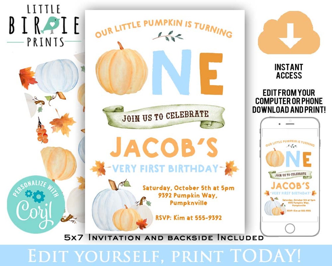 PUMPKIN First Birthday INVITATION Boy Little Pumpkin Birthday - Etsy