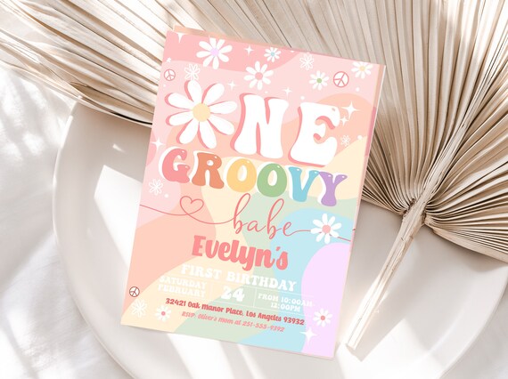 Editable One Groovy Babe 1st Birthday Party Invite Rainbow | Etsy