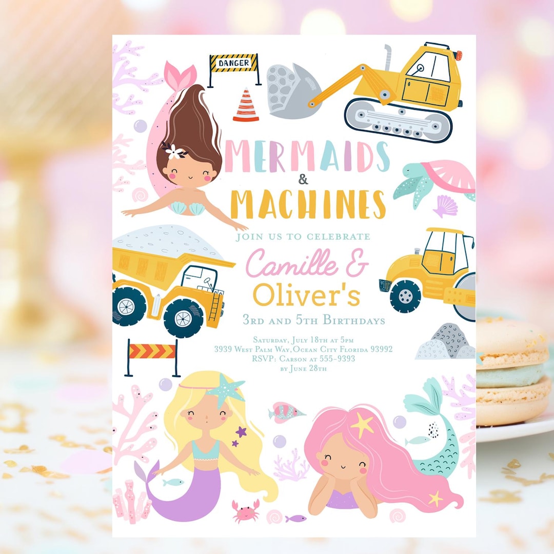 Mermaids and Machines Birthday Party Invitation, Mermaids and ...