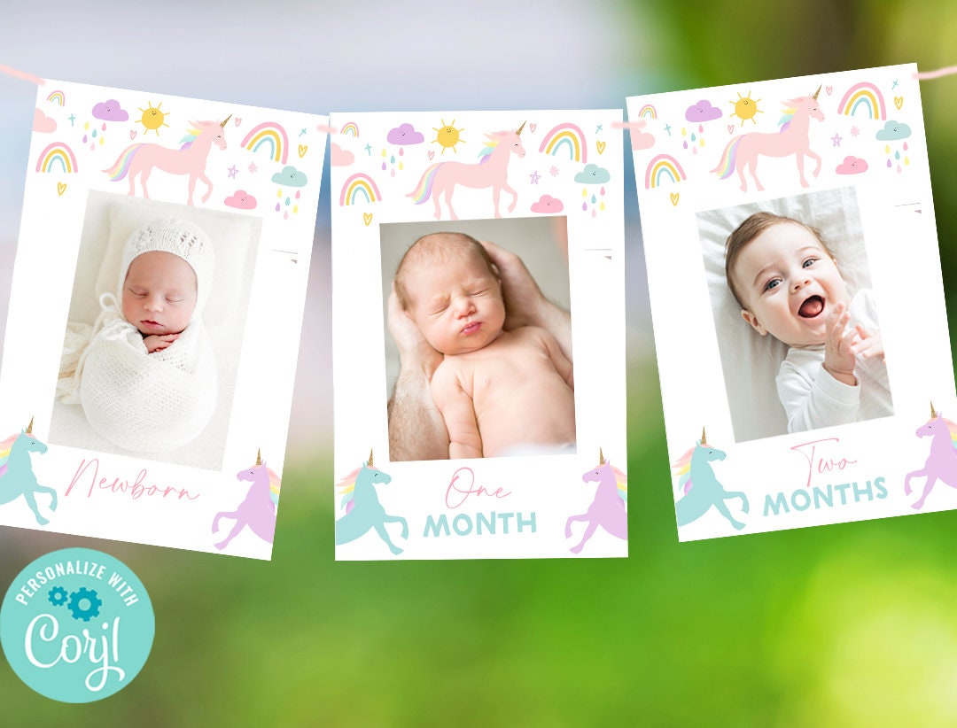 Unicorn First Birthday Monthly Milestone Banner Monthly Photo Banner ...