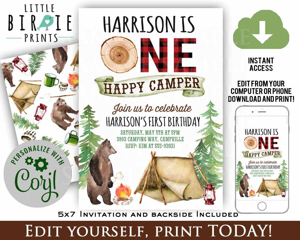 ONE HAPPY CAMPER Invitation Camping Birthday Invitation Camper | Etsy