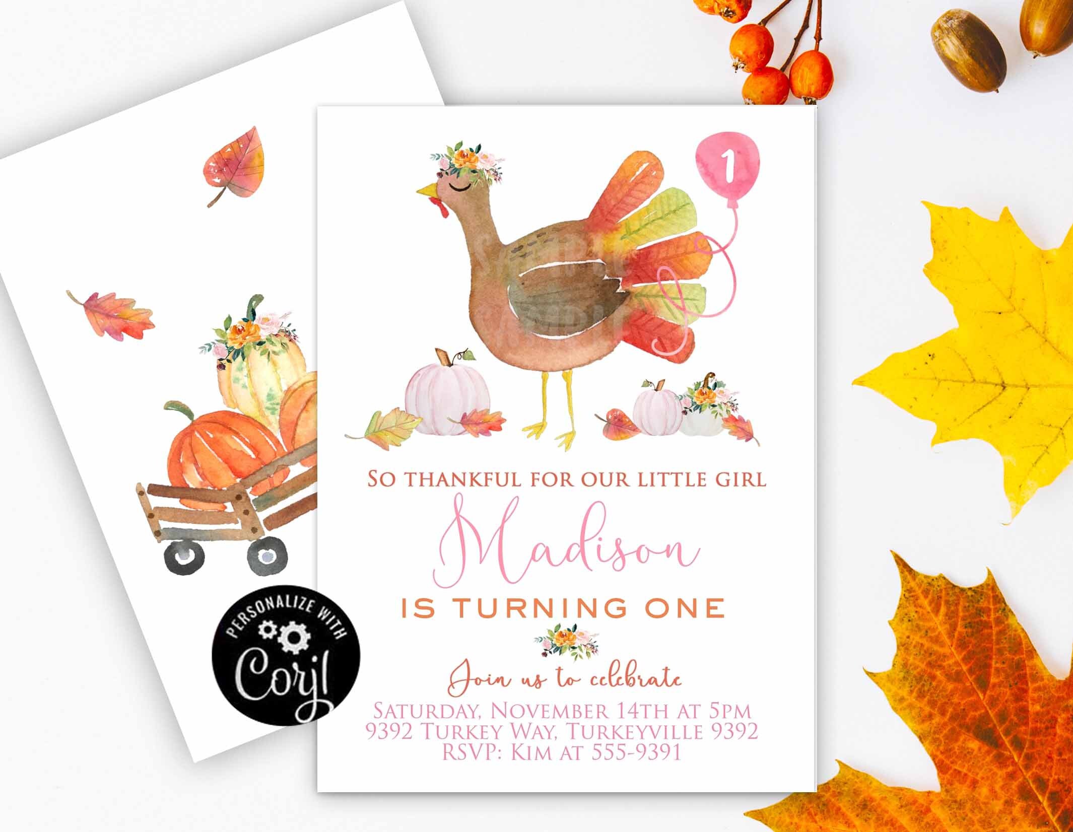 Girl Turkey Birthday Invitation Thanksgiving Turkey Birthday | Etsy
