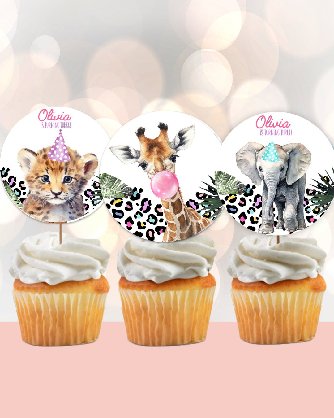 Safari Birthday Cupcake Toppers Girl Pink, Party Animals Leopard Print ...