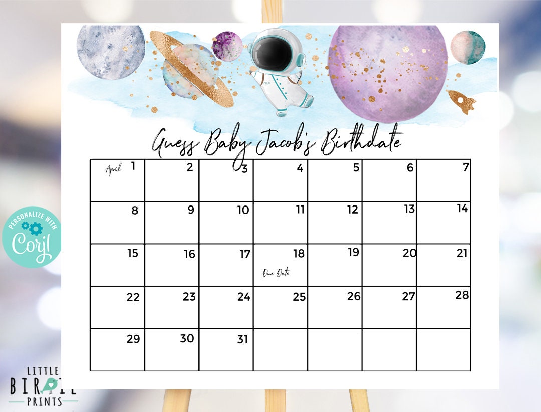 Astronaut Baby Shower Guess the Birthdate Game, Outer Space Blue ...