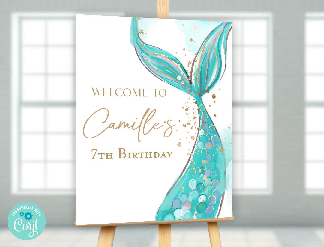 Mermaid Welcome Sign, Aqua Teal Mermaid Birthday Party Decorations ...