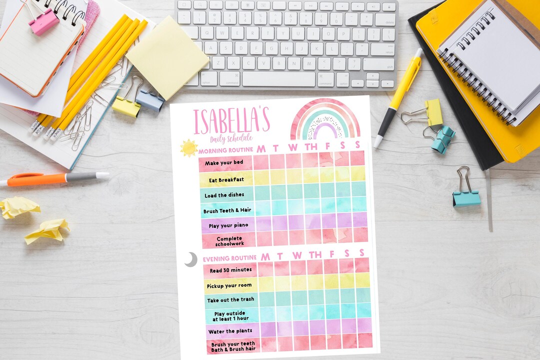 Girl Morning Evening Routine Chart Editable Rainbow Chore Chart Instant ...
