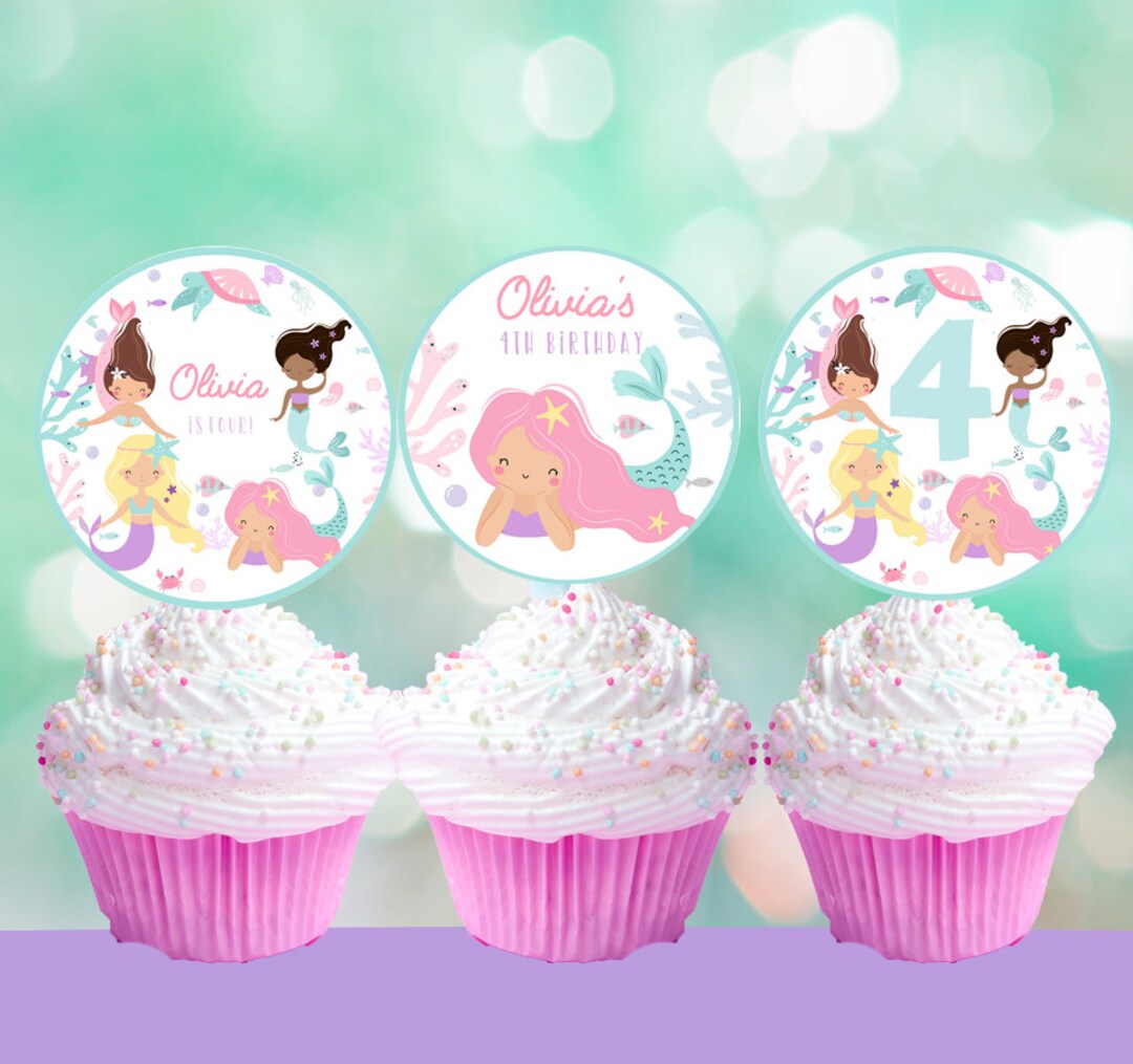 Mermaid Birthday Party Cupcake Toppers, Mermaid Party Under the Sea in ...
