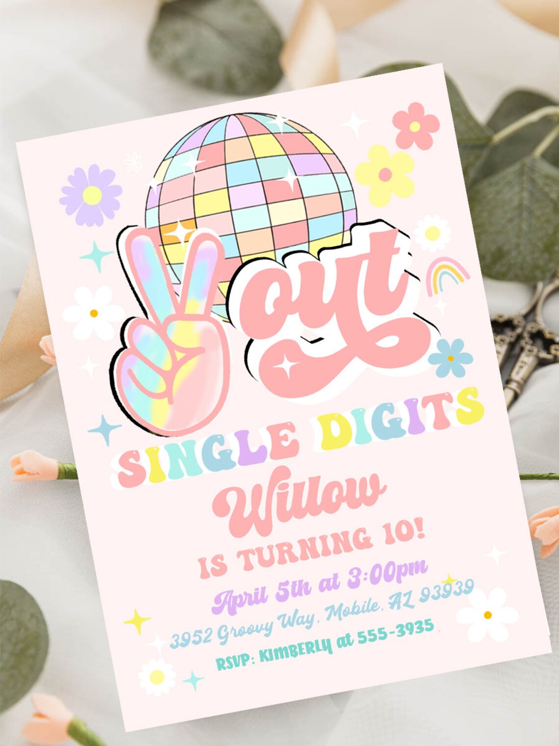 Editable Peace Out Single Digits Invitation Groovy 10th Birthday Party ...