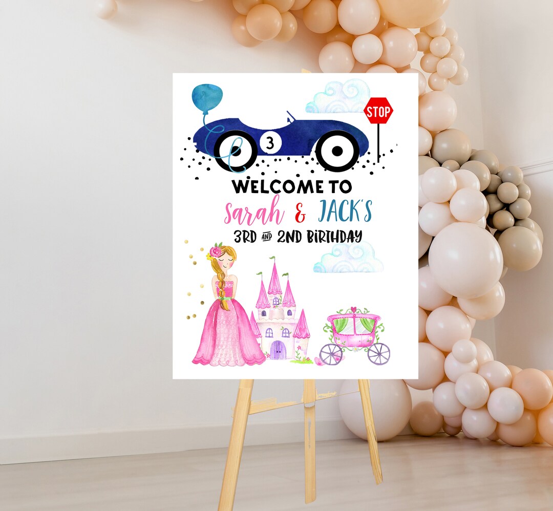 Princess Cars Birthday Party Welcome Sign , Princess and Cars, Boy Girl ...
