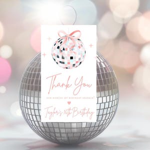 Disco Ball Birthday Favor Tags, Pink Bow Disco Ball Birthday Thank You ...