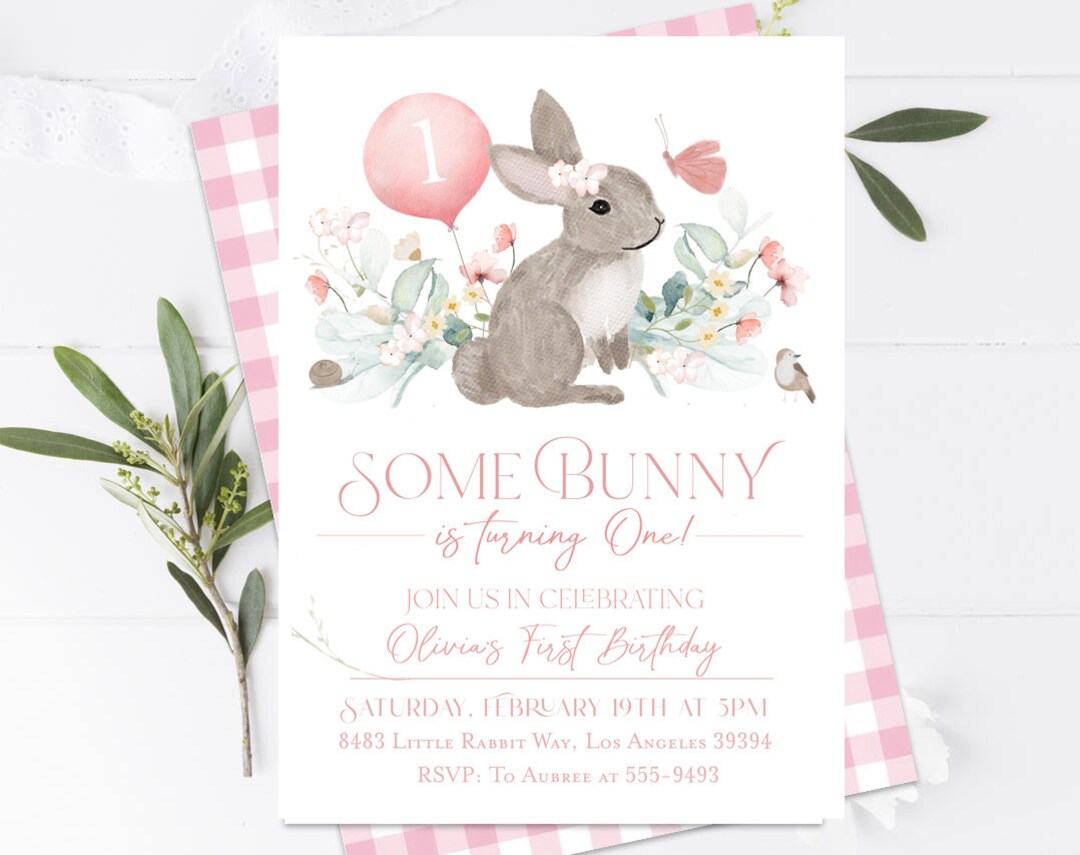 Girl Bunny First Birthday Invitation, Pink Rabbit Birthday Party ...