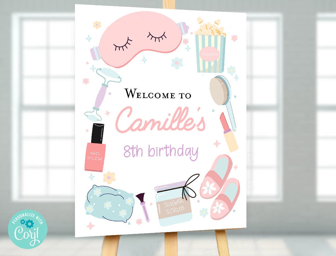 Sleepover Welcome Sign, Pajama Party Birthday Welcome Sign, Popcorn and ...