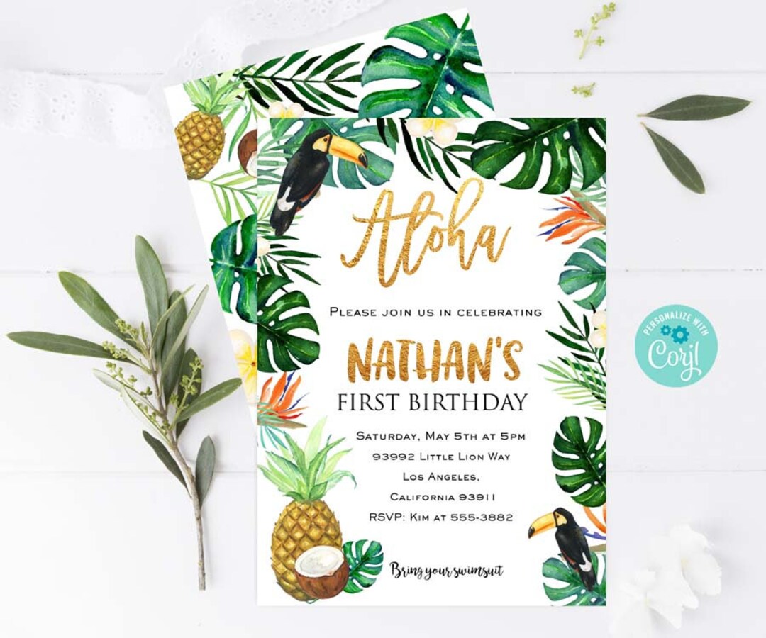 TROPICAL Birthday Party Invitation BOY Pineapple Invitation Toucan Palm ...